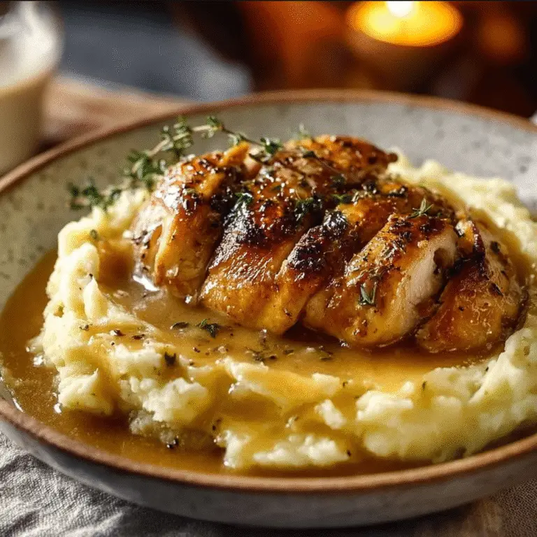 Golden Seared Chicken with Cheesy Mashed Potatoes and Garlic Gravy